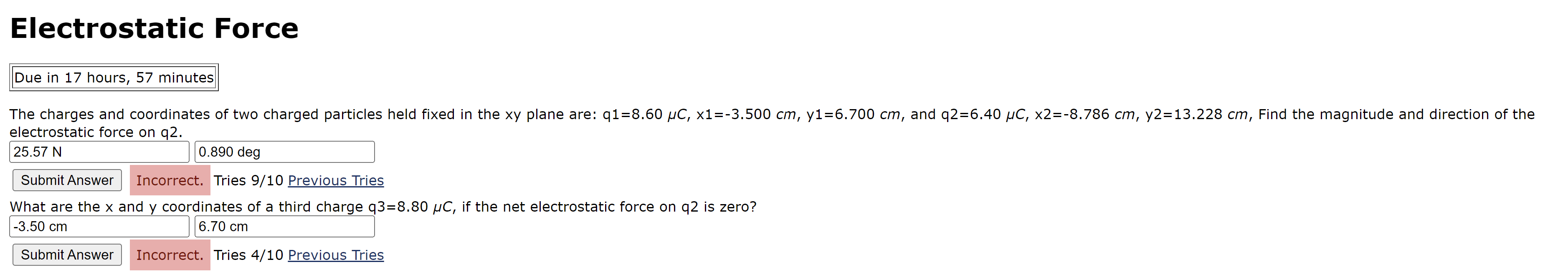 Solved electrostatic force on a2. Tries 9/10 Previous Tries | Chegg.com