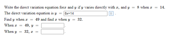 Solved Write the direct variation equation for x and y if y | Chegg.com