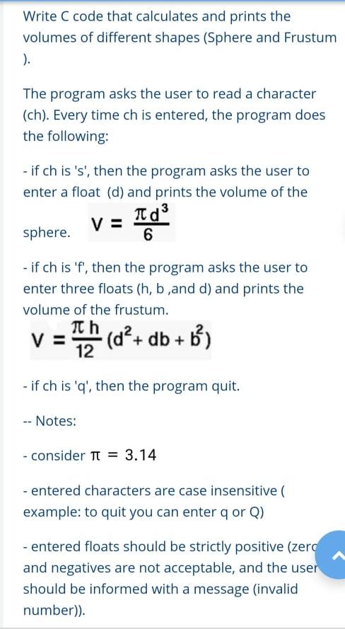 Solved Write C code that calculates and prints the volumes | Chegg.com