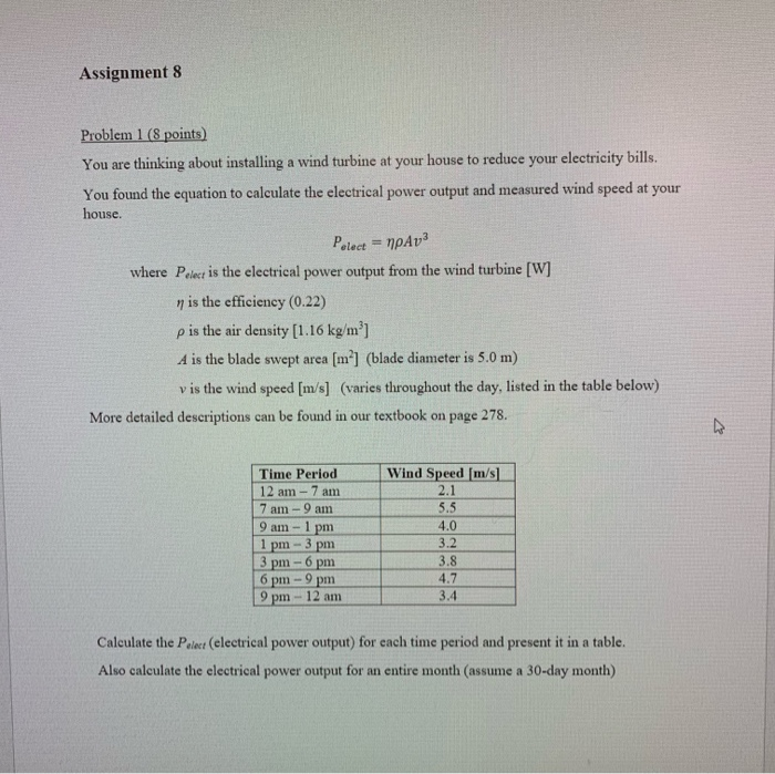 Solved Assignment 8 Problem 1 (8 points) wind turbine at | Chegg.com