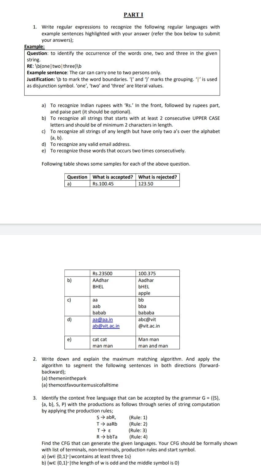 Solved PARTI 1. Write regular expressions to recognize the | Chegg.com