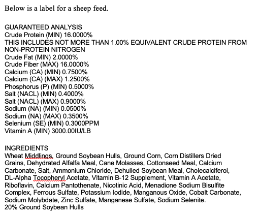 Solved Below is a label for a sheep feed. GUARANTEED | Chegg.com