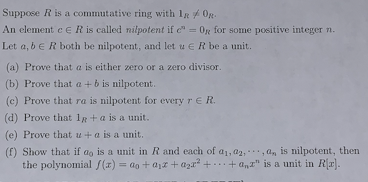 Solved Suppose R is a commutative ring with 1R OR An element | Chegg.com