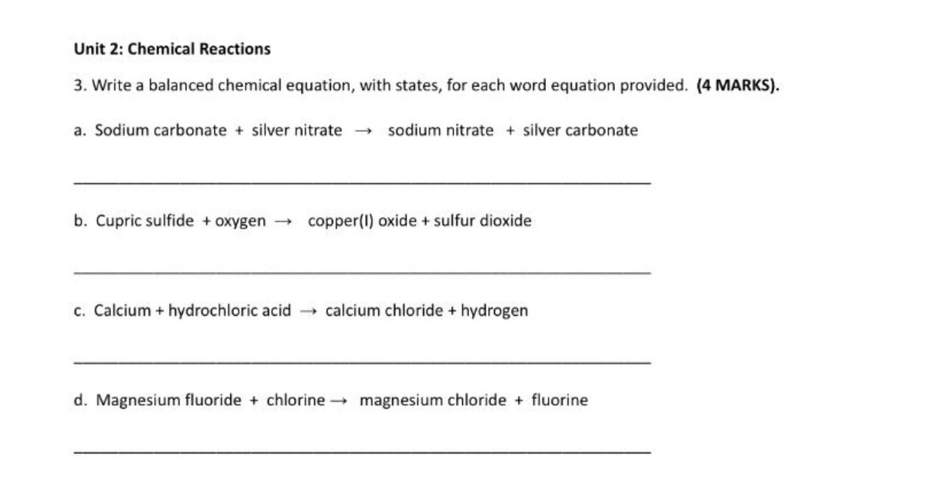 Solved Unit 2: Chemical Reactions 3. Write a balanced | Chegg.com