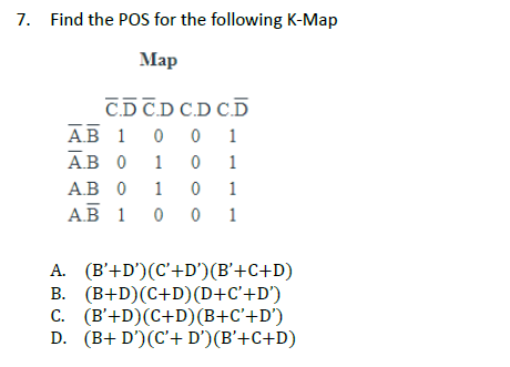 Solved 7. Find the POS for the following K-Map Map A. | Chegg.com