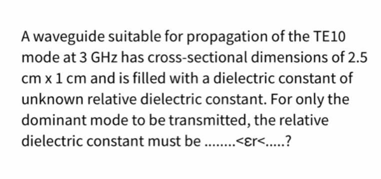 Solved A waveguide suitable for propagation of the TE10 mode | Chegg.com