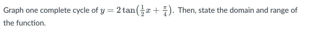 Solved Graph one complete cycle of y=2tan(12x+π4). ﻿Then, | Chegg.com