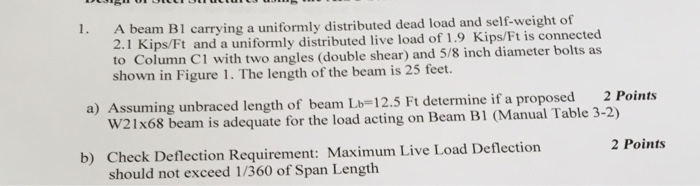 Solved beam B1 carrying a uniformly distributed dead load | Chegg.com