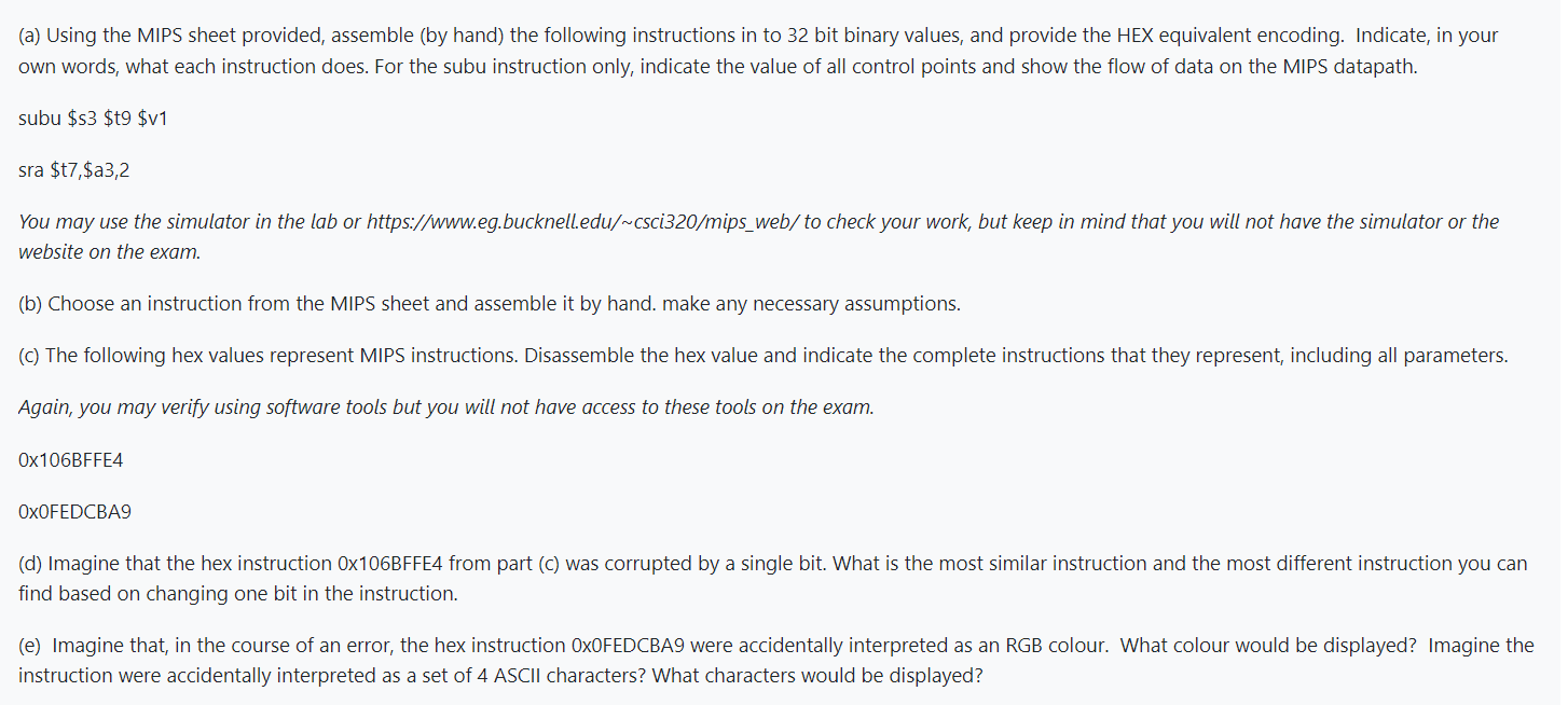 Solved (a) Using the MIPS sheet provided, assemble (by hand) | Chegg.com