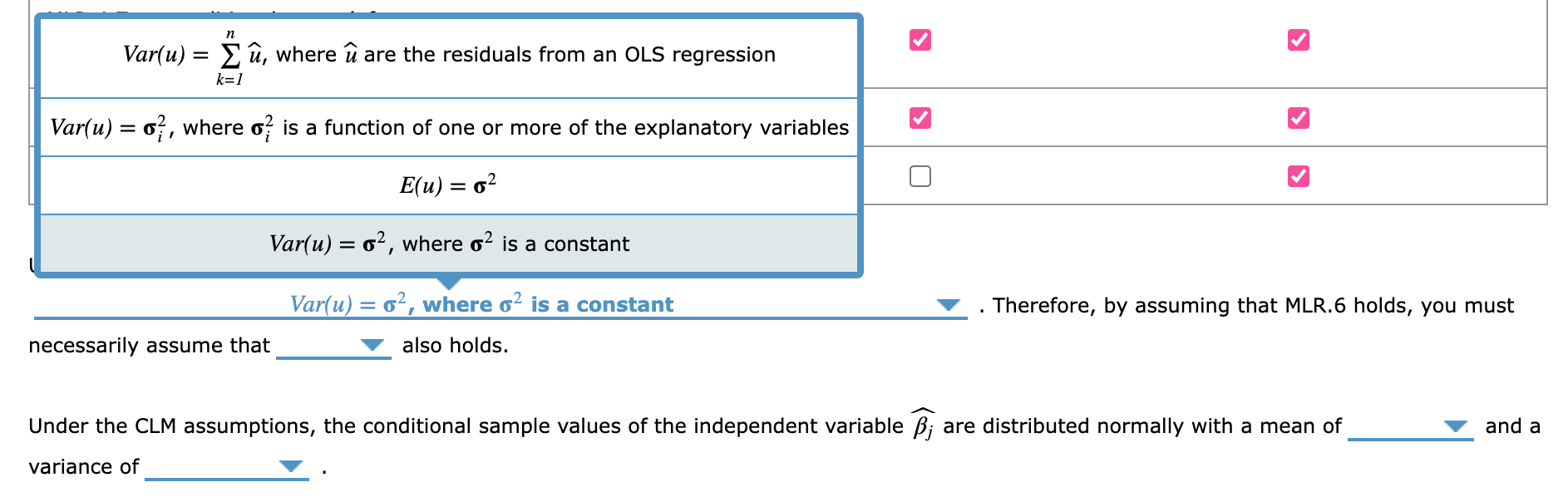 Solved 1. Assumption MLR.6 (Normality) and for (3) OLS | Chegg.com Solved 1. Assumption MLR.6 (Normality) and for (3) OLS | Chegg.com