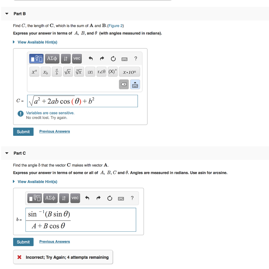 Solved Part B Find C, the length of C, which is the sum of A | Chegg.com