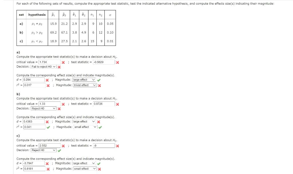 Solved For each of the following sets of results, compute | Chegg.com