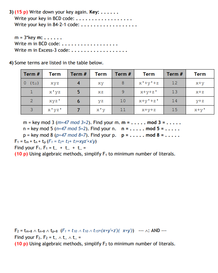 Solved 3) (15 p) Write down your key again. Key: . . . . . | Chegg.com