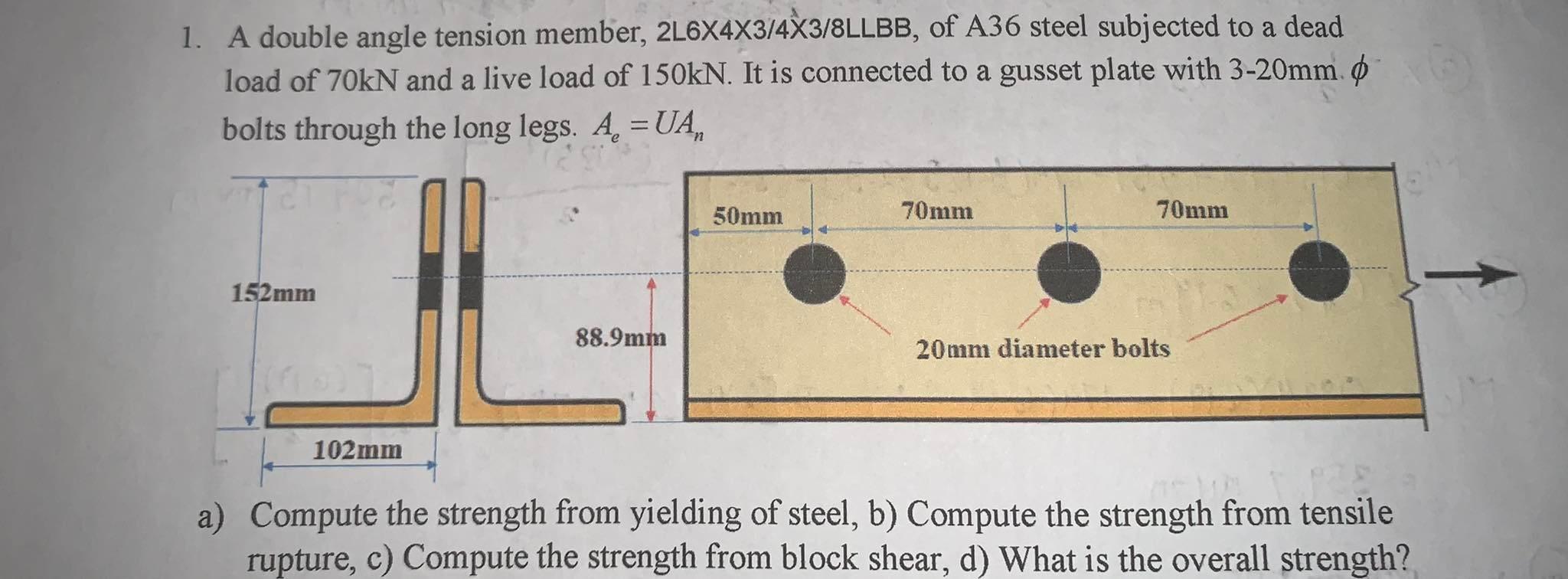 Solved 1. A double angle tension member, 2 L6×4×3/4×3/8 | Chegg.com