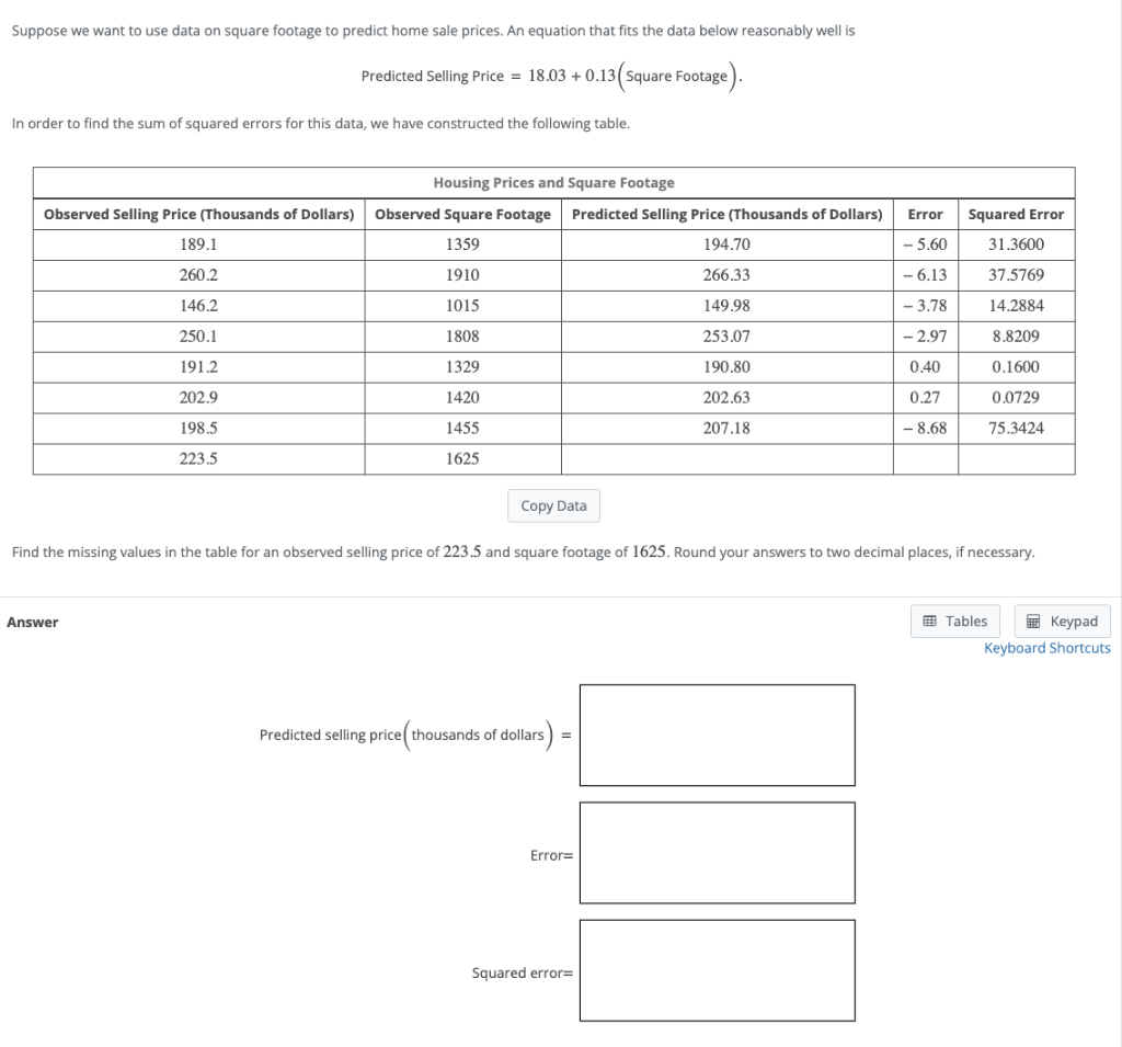 Solved Predicted Selling Price =18.03+0.13( Square Footage | Chegg.com Solved Predicted Selling Price =18.03+0.13( Square Footage | Chegg.com