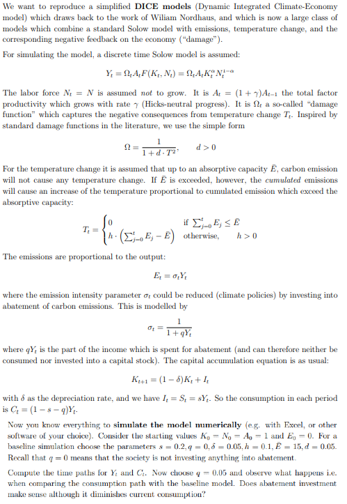 Solved We want to reproduce a simplified DICE models | Chegg.com