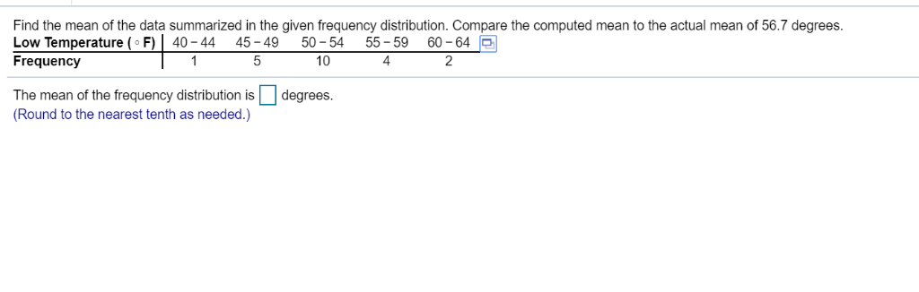 Solved Find the mean of the data summarized in the given | Chegg.com