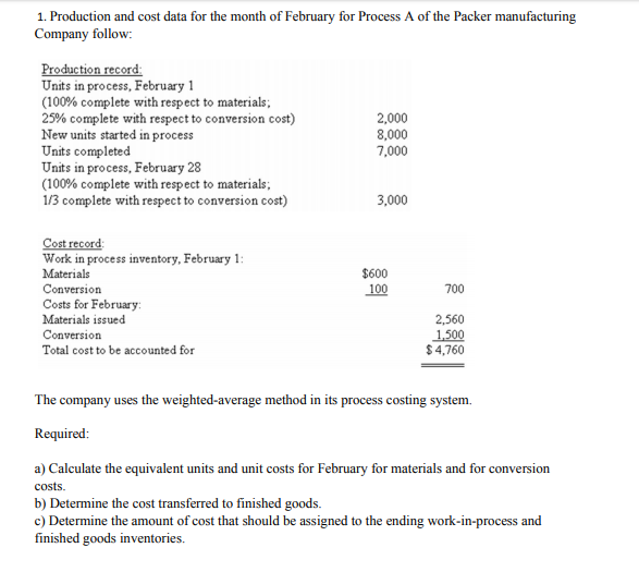 Solved 1. Production and cost data for the month of February | Chegg.com
