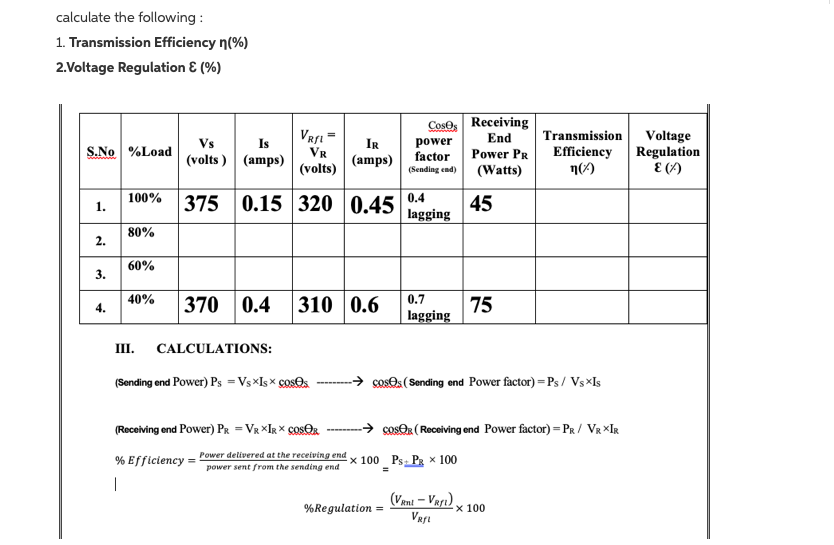 Solved calculate the following: 1. Transmission Efficiency | Chegg.com