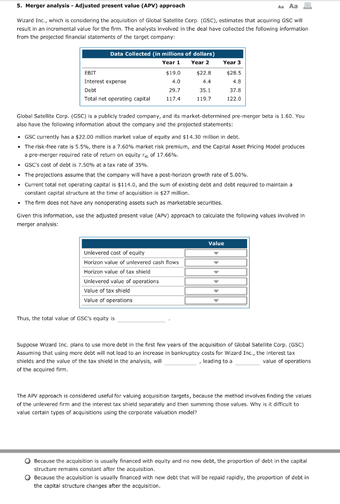 Solved 5. Merger analysis Adjusted present value (APV) | Chegg.com
