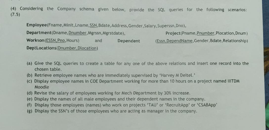 Solved (4) Considering the Company schema given below, | Chegg.com