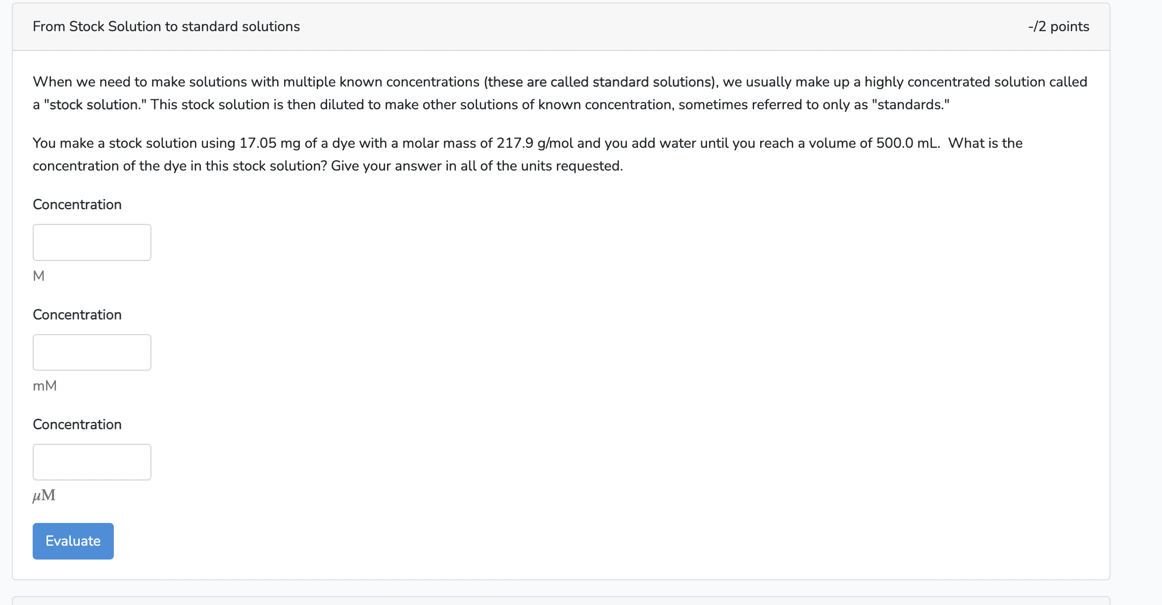 Solved From Stock Solution to standard solutions −/2 points | Chegg.com