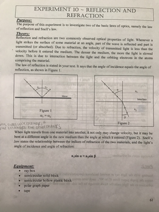 Solved EXPERIMENT 10 REFLECTION AND REFRACTION Purpose: The | Chegg.com