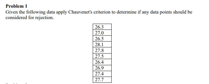 Solved Problem 1 Given the following data apply Chauvenet's | Chegg.com Solved Problem 1 Given the following data apply Chauvenet's | Chegg.com