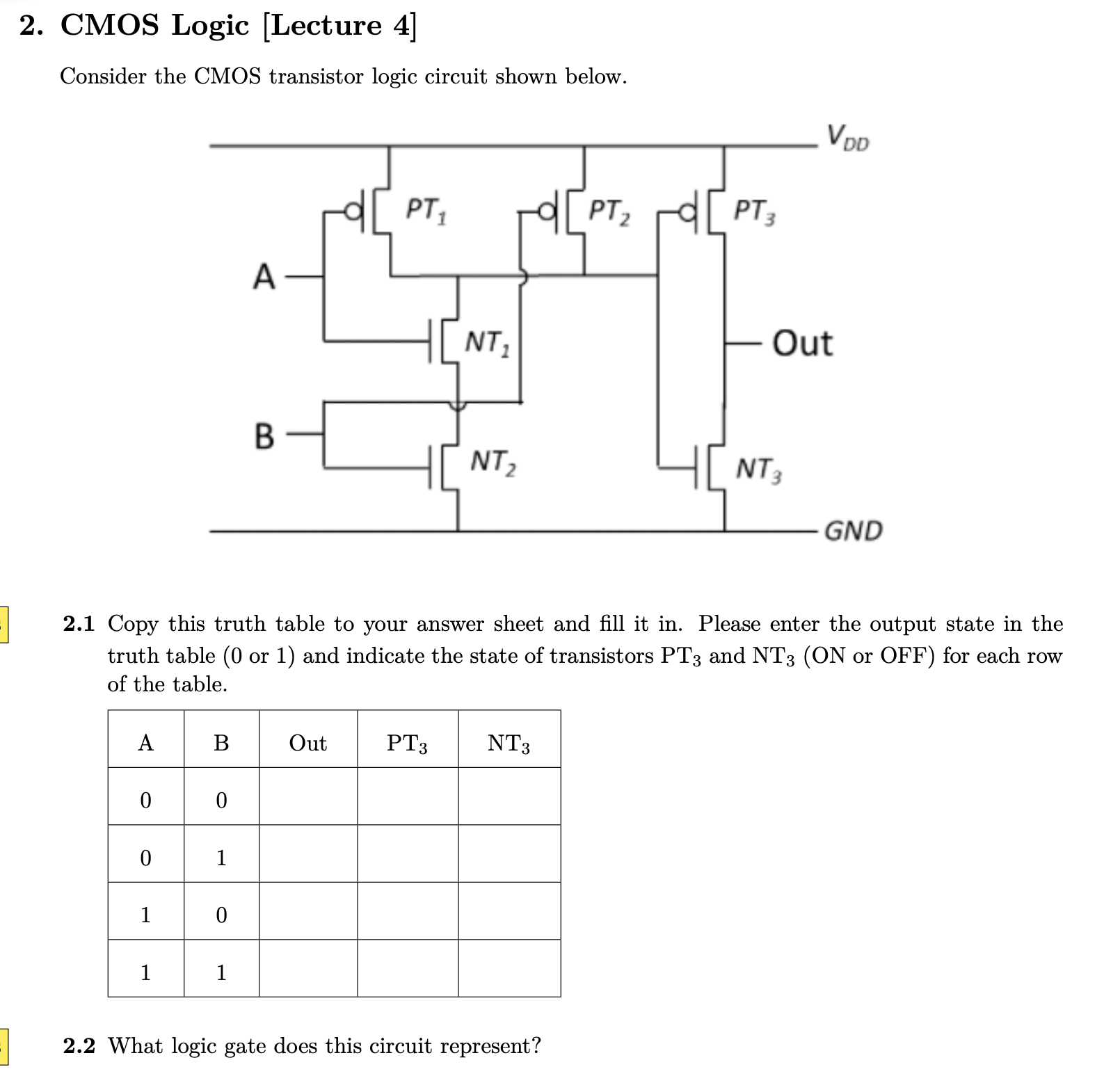 Solved 2.1 ﻿Copy this truth table to your answer sheet and | Chegg.com