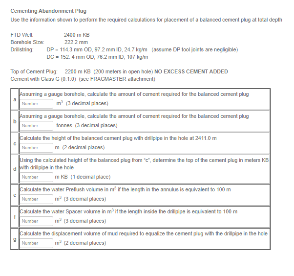 Cementing Abandonment Plug Use the information shown | Chegg.com