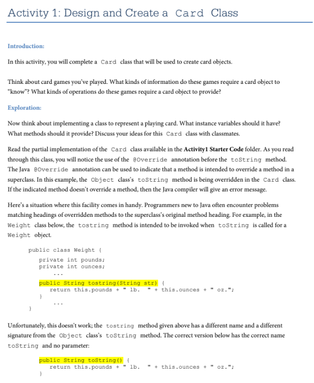 Solved Activity 1: Design and Create a Card Class | Chegg.com