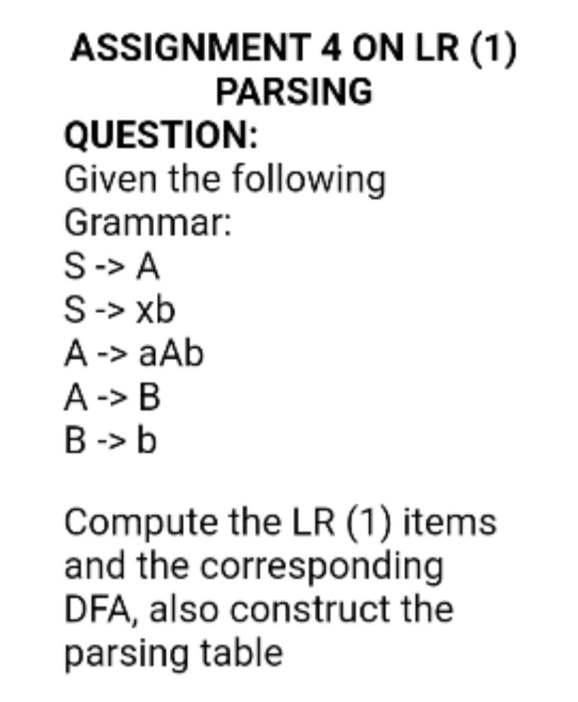 Solved ASSIGNMENT 4 ON LR (1) PARSING QUESTION: Given the | Chegg.com