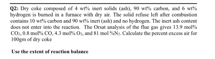 Solved Q2: Dry coke composed of 4 wt% inert solids (ash), 90 | Chegg.com