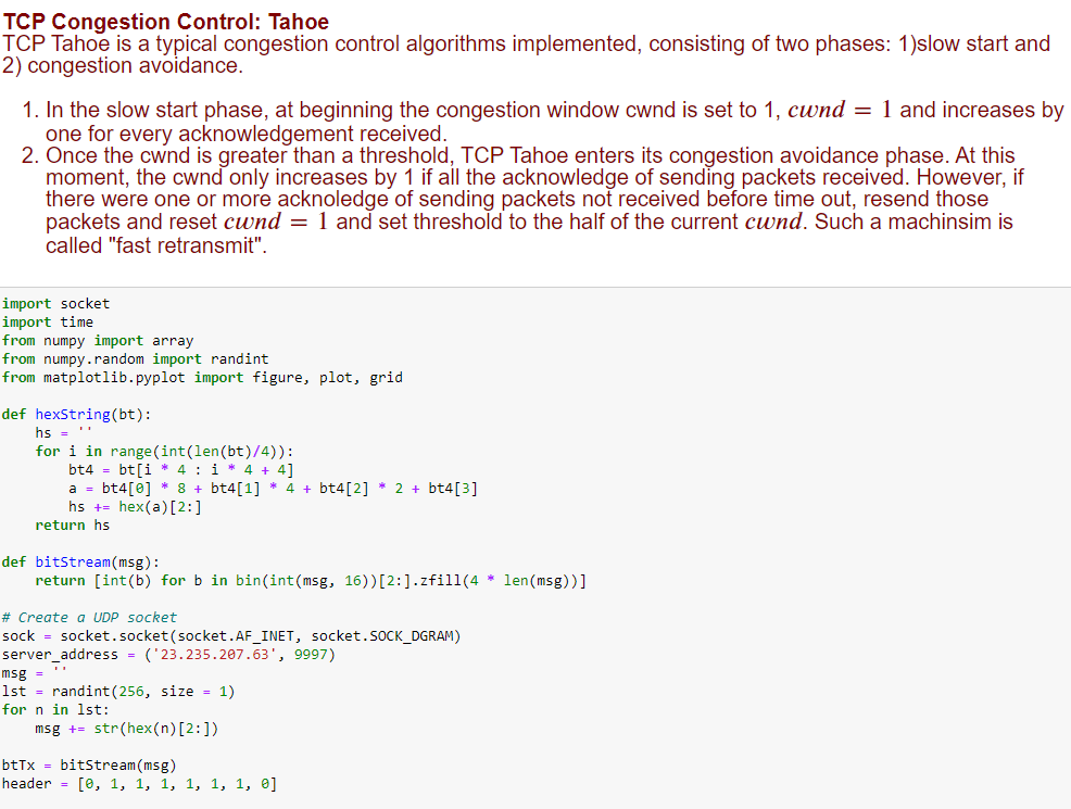 TCP Congestion Control: Tahoe TCP Tahoe is a typical | Chegg.com