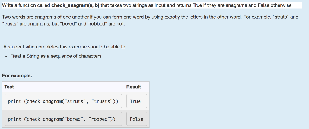 Solved Write a function called check_anagram(a, b) that | Chegg.com