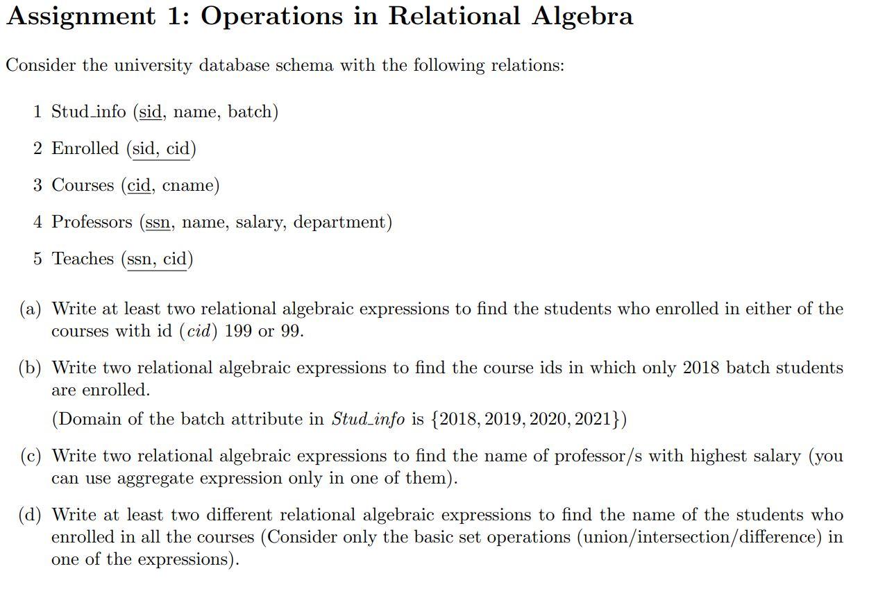 Solved Assignment 1 Operations In Relational Algebra