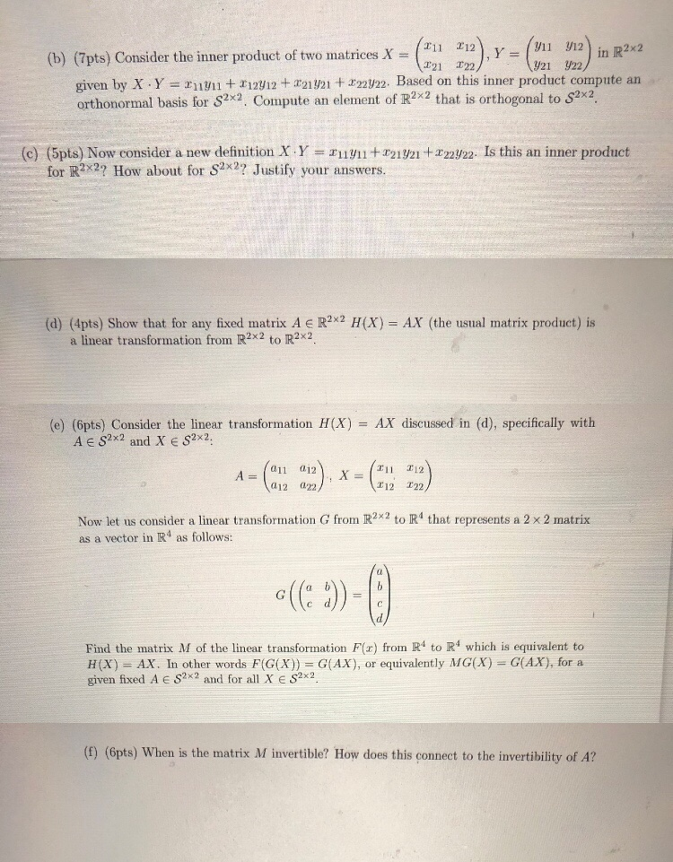 Solved in R2x2 211 212 yu1 912 (b) (7pts) Consider the inner | Chegg.com