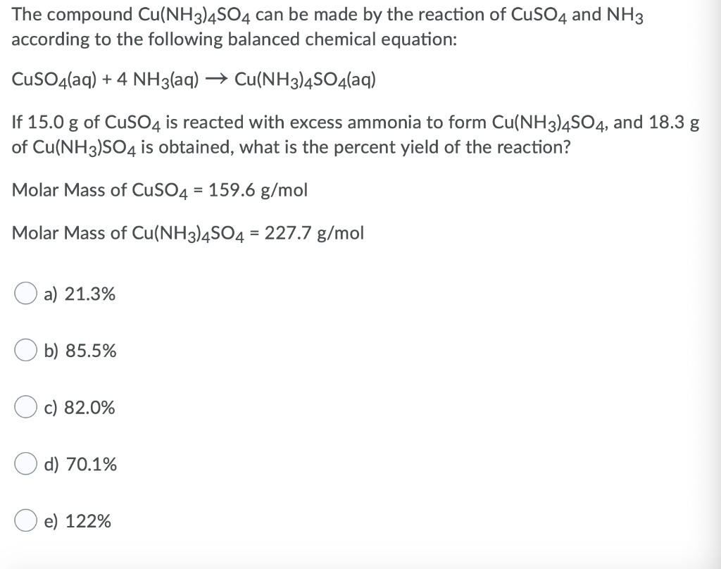 Solved The compound Cu(NH3)4804 can be made by the reaction | Chegg.com