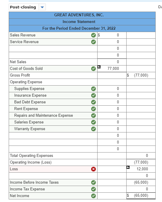 Solved Post-closing Da GREAT ADVENTURES, INC. Income | Chegg.com