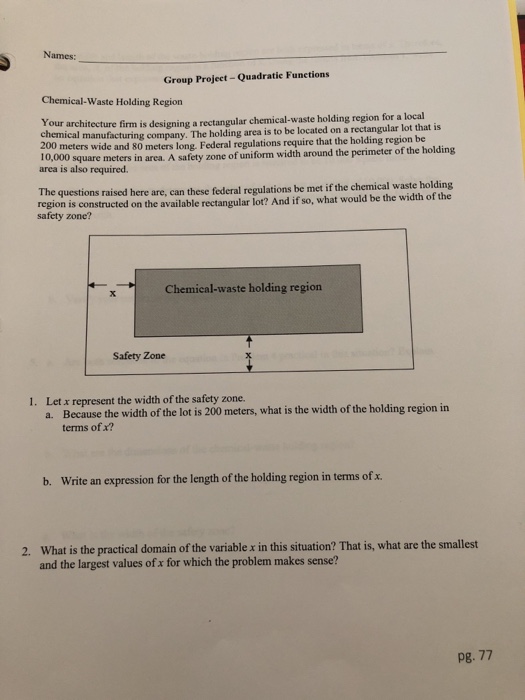 Solved Names: Group Project- Quadratic Functions | Chegg.com