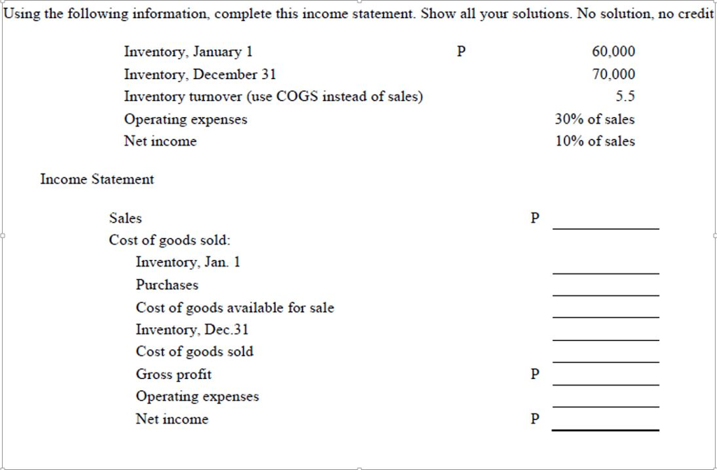 Solved Using the following information, complete this income | Chegg.com