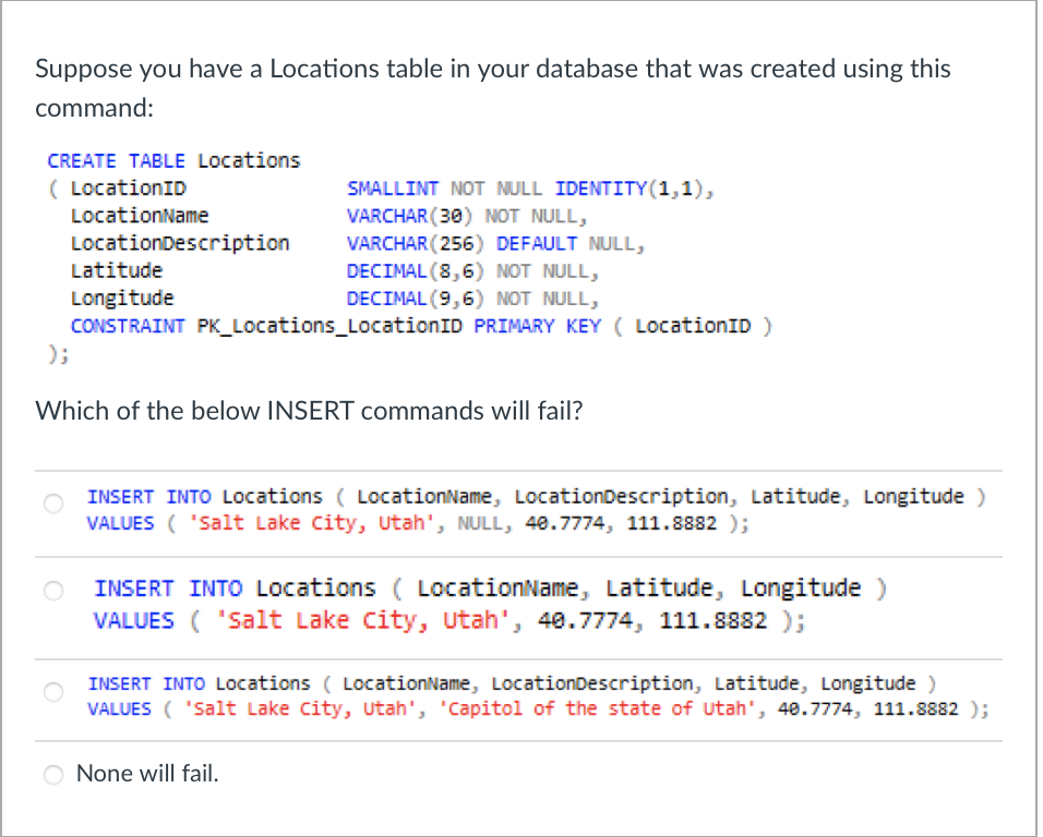 Solved Suppose you have a Locations table in your database | Chegg.com