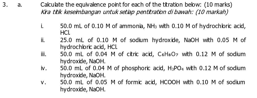 Solved 3. a. Calculate the equivalence point for each of the | Chegg.com