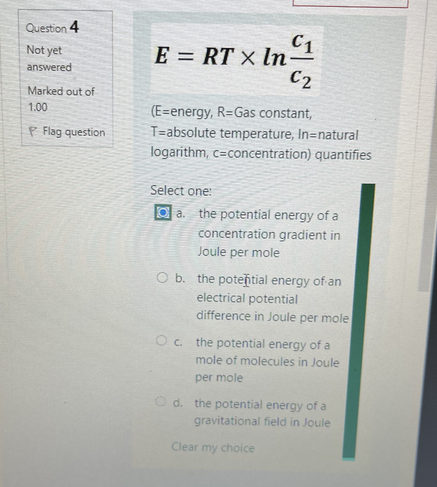 Solved E=RT×lnc2c1 ( E= energy, R= Gas constant, T =absolute | Chegg.com
