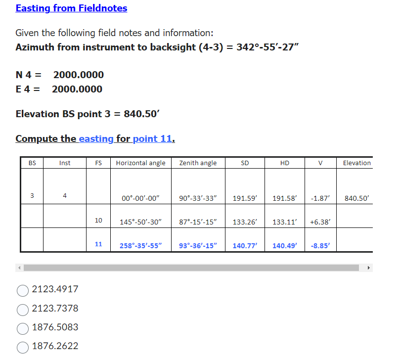 Solved Azimuth from instrument to backsight | Chegg.com