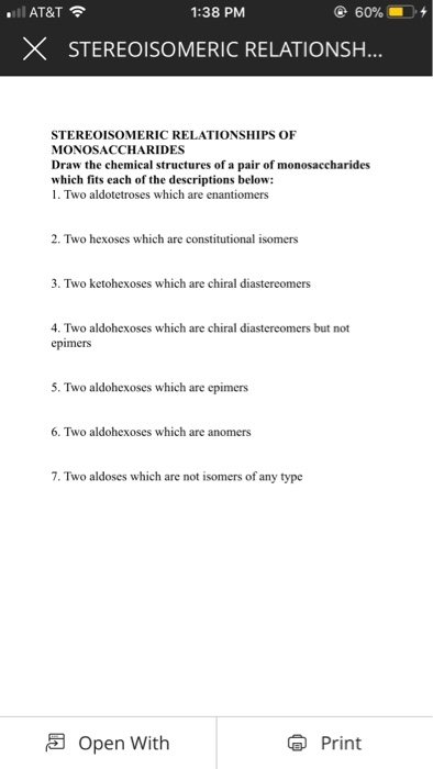 Solved .ll AT&T令 1:38 PM × STEREOISOMERIC RELATIONS | Chegg.com