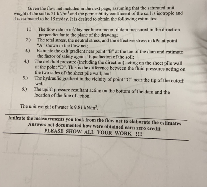 Solved Given the flow net included in the next page, | Chegg.com