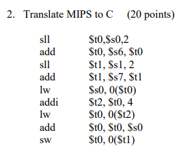 Solved 2. Translate MIPS to C (20 points) sll add sll add lw | Chegg.com