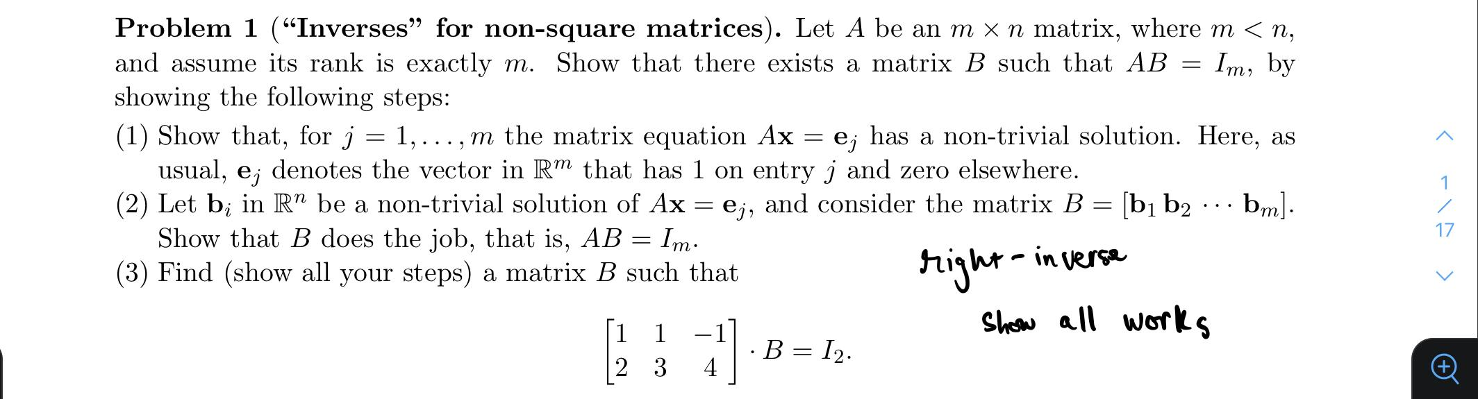 Solved 1 Problem 1 Inverses” For Non Square Matrices 