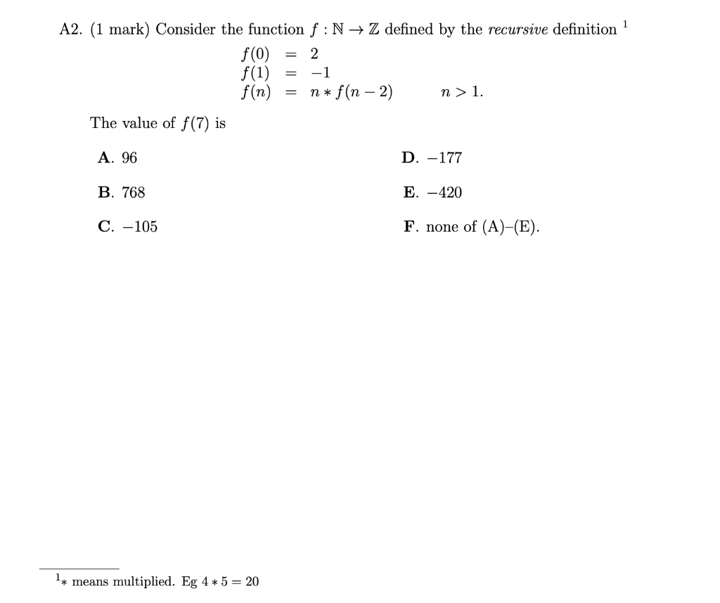 Solved 1 = A2. (1 mark) Consider the function f:N + Z | Chegg.com